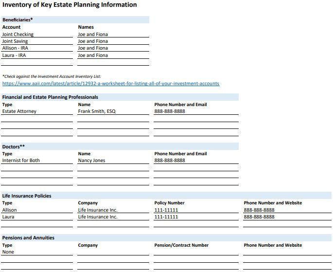 Key Estate Planning Information Worksheet | AAII